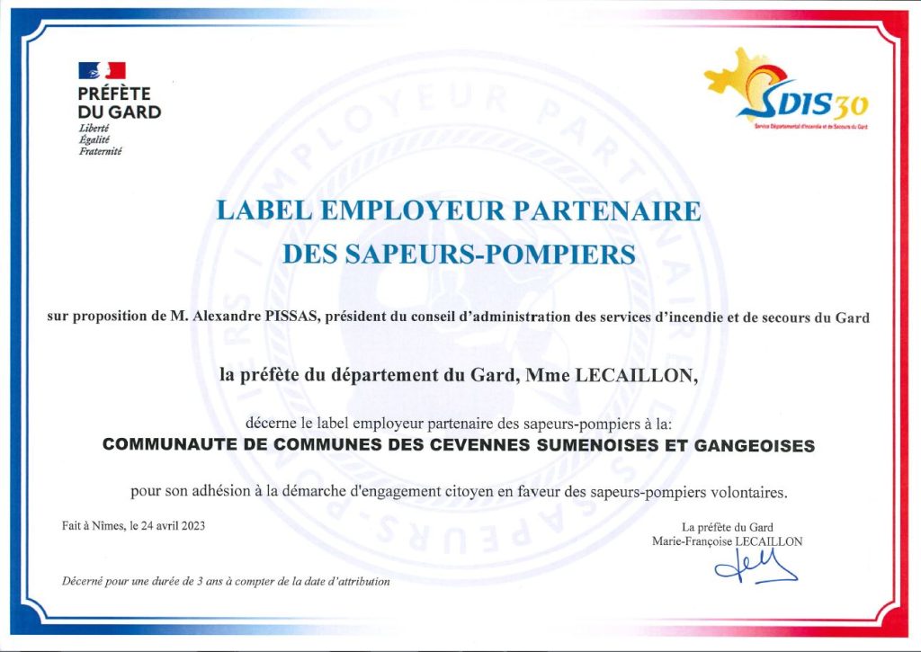 Label décerné par la préfète du Gard - CC Cévennes Gangeoises & Suménoises